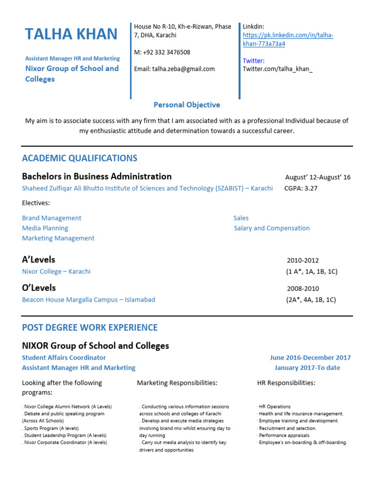 CV - Talha Khan - HR and Marketing | PDF