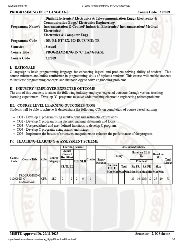 312009-Programming in C Language 271223 | PDF