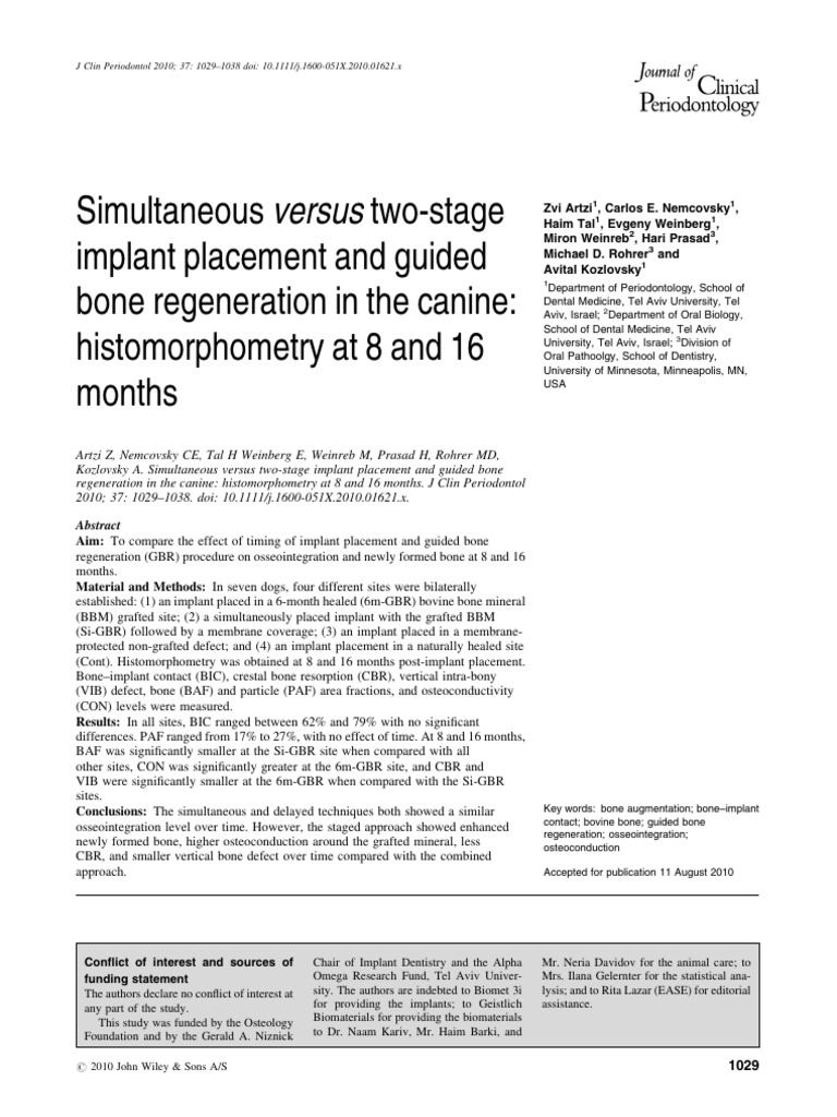 J Clinic Periodontology - 2010 - Artzi - Simultaneous versus two stage implant placement and ...