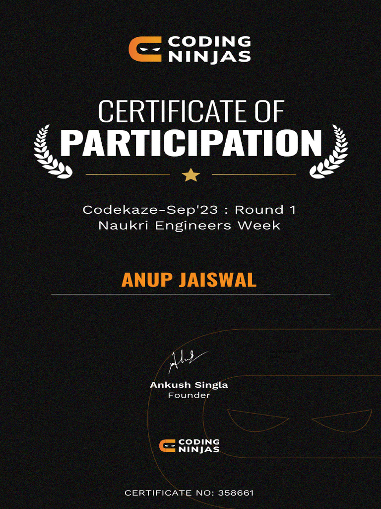 Certificate of Event Codekaze-Sep 23 Round 1 Naukri Engineers Week 3bc00ffcf3be5e8c11c6 | PDF