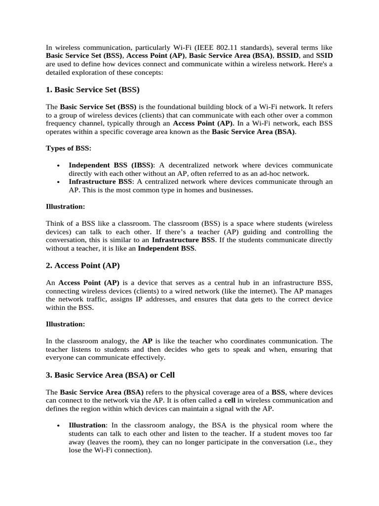 Basic Service Set (BSS), Access Point (AP), Basic Service Area (BSA ...