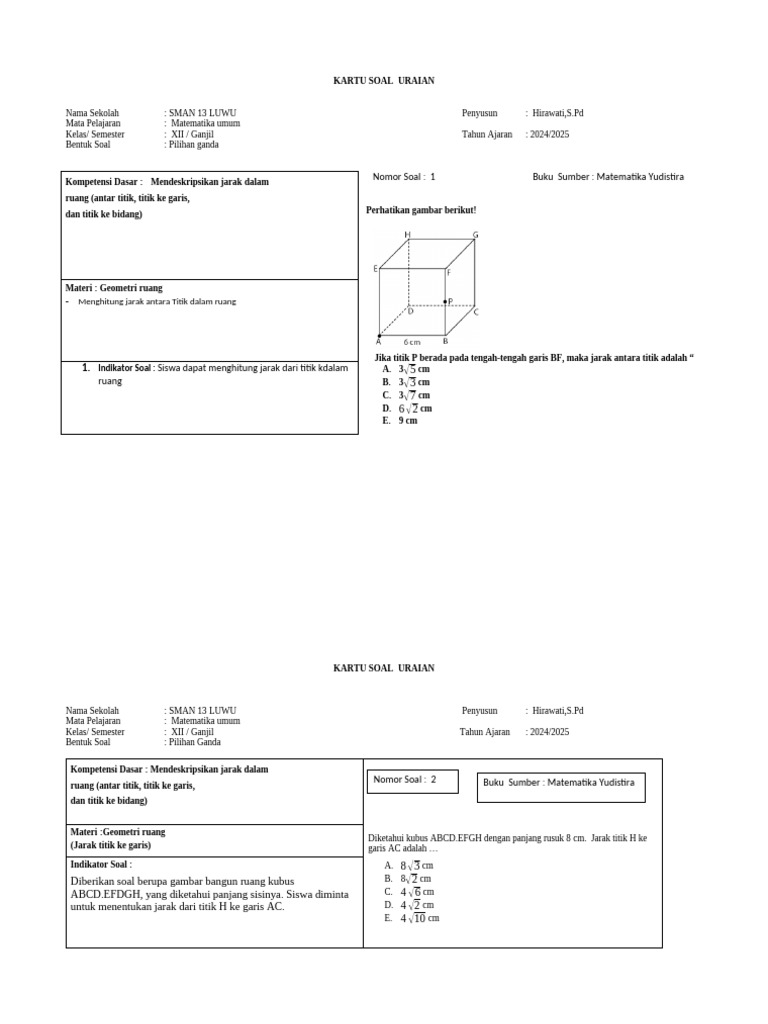 Kartu Soal Uraian Pas | PDF