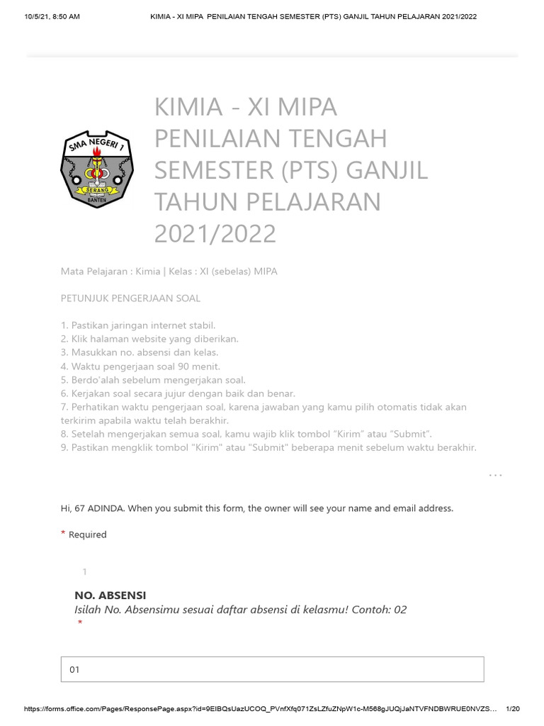 Kimia - Xi Mipa Penilaian Tengah Semester (PTS) Ganjil Tahun Pelajaran 2021 - 2022 | PDF