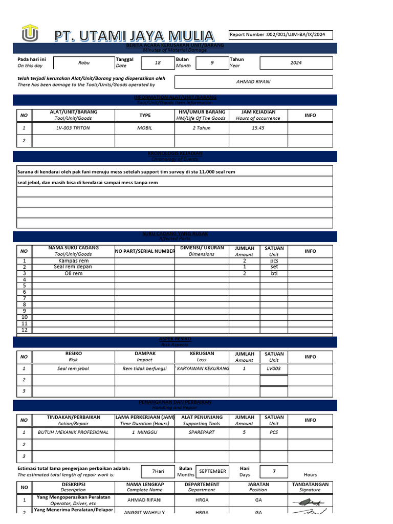 Form BA Kerusakan Unit UJM | PDF