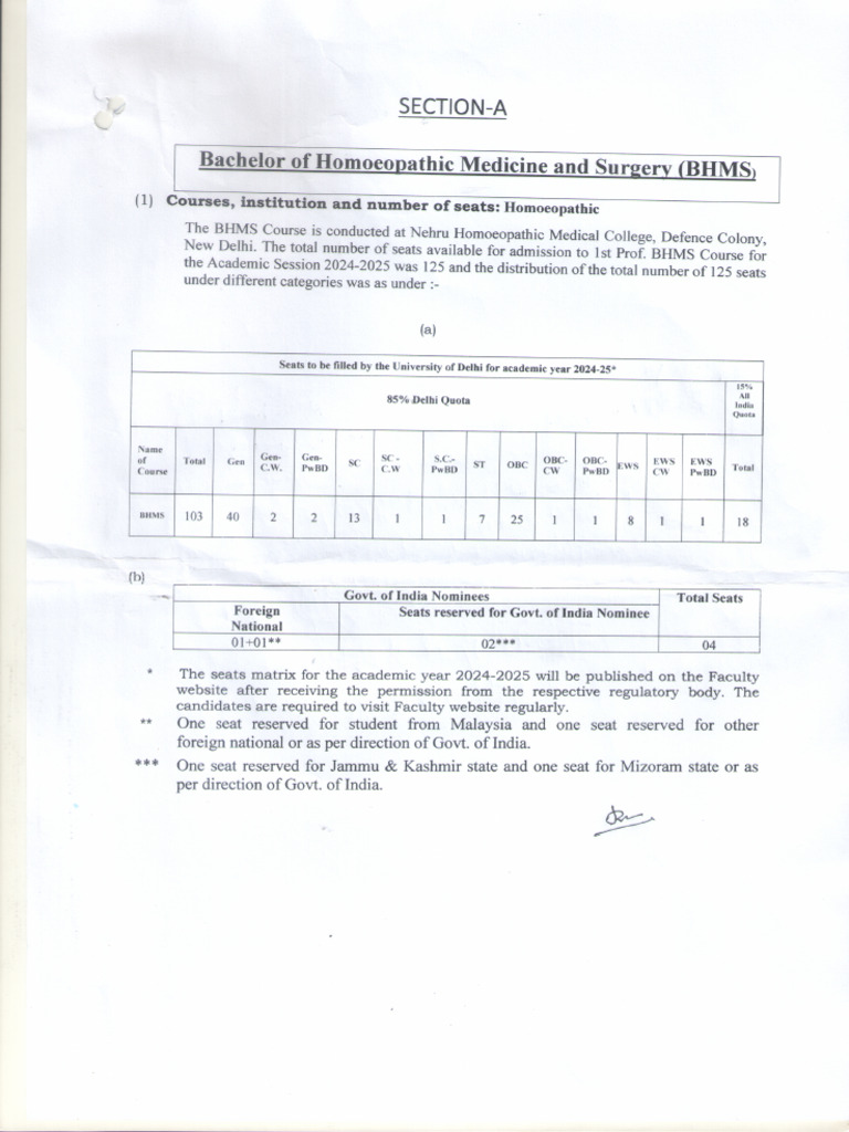 Seat Matrix UG BHMS 2024-25 | PDF