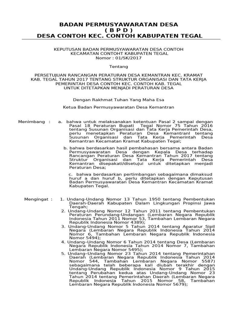 SK BPD Tentang Persetujuan Perdes SOTK | PDF