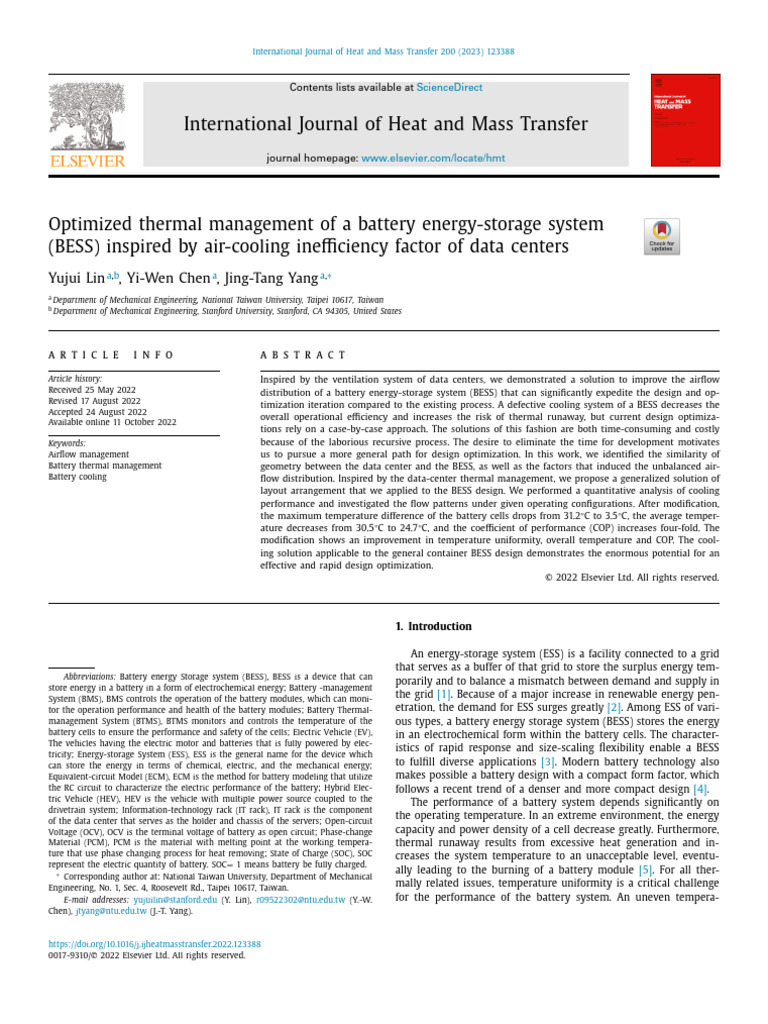 Optimized Thermal Management of A Battery Energy-Storage System (BESS ...