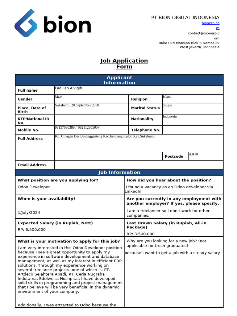 BION Job Application Form Template | PDF