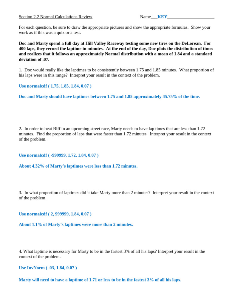 Normal Calculations Review WS KEY | PDF