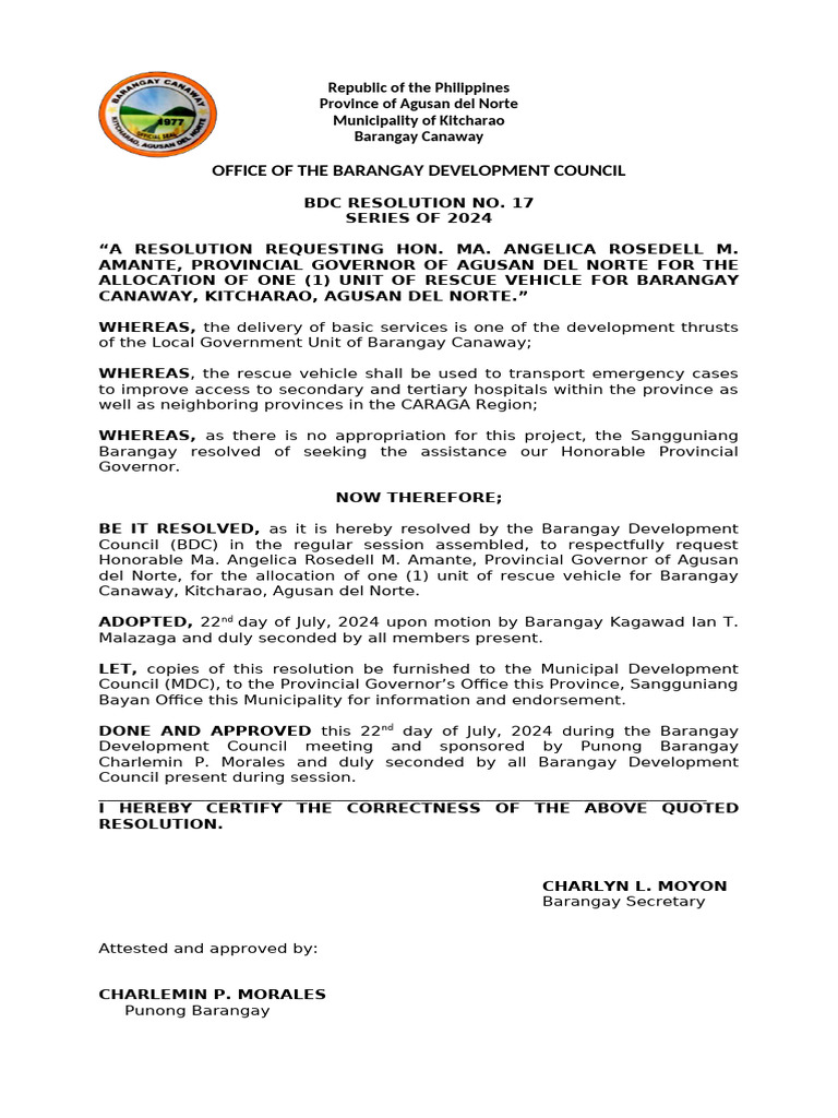 BDC Resolution No. 17 Rescue | PDF