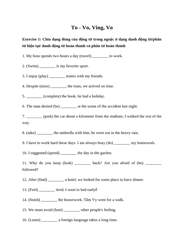 BÀI TẬP To Vo - Ving - Vo | PDF