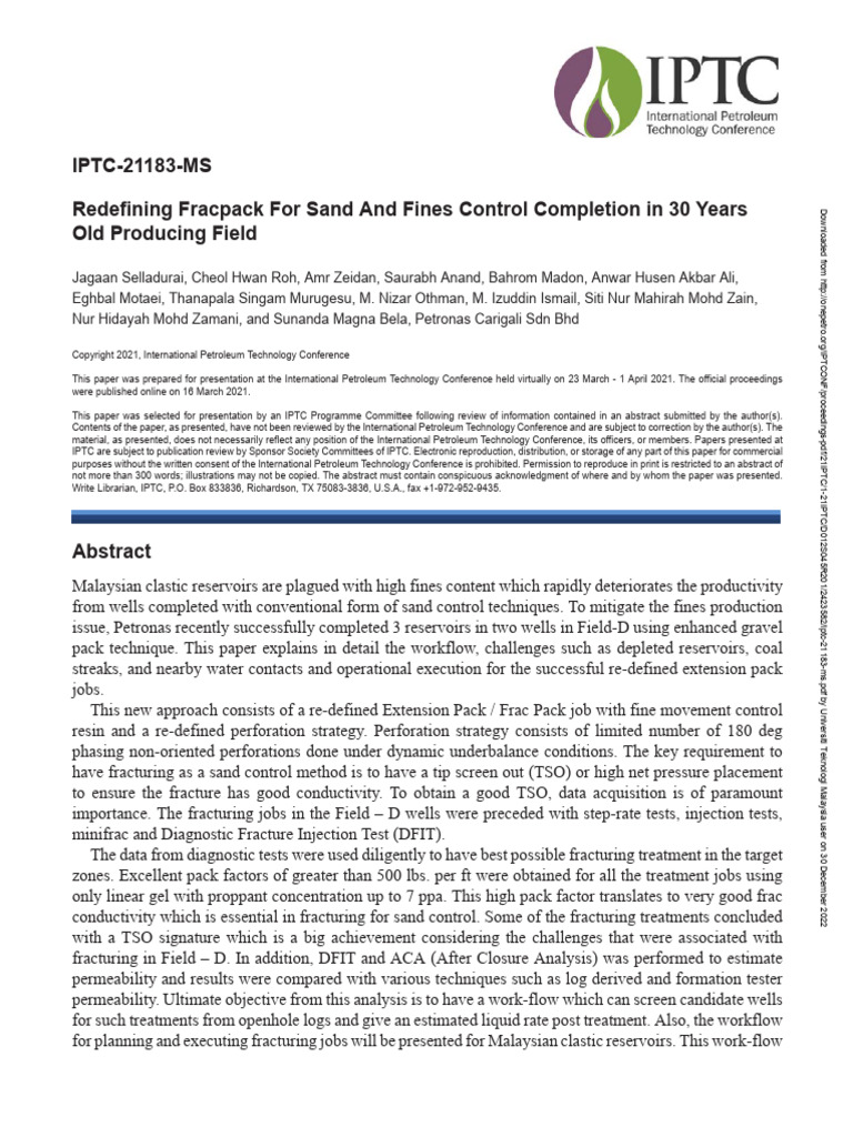 Iptc-21183-Msredefining Fracpack For Sand and Fines Control Completion in 30 Years | PDF