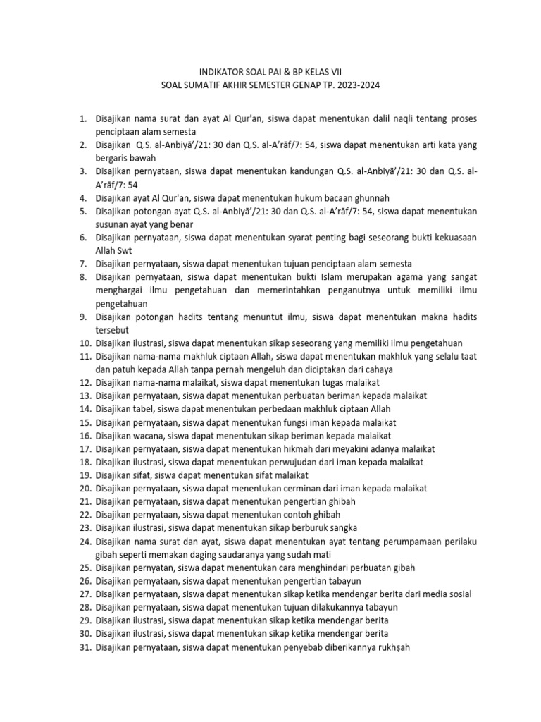 Indikator Soal Pai Genap | PDF