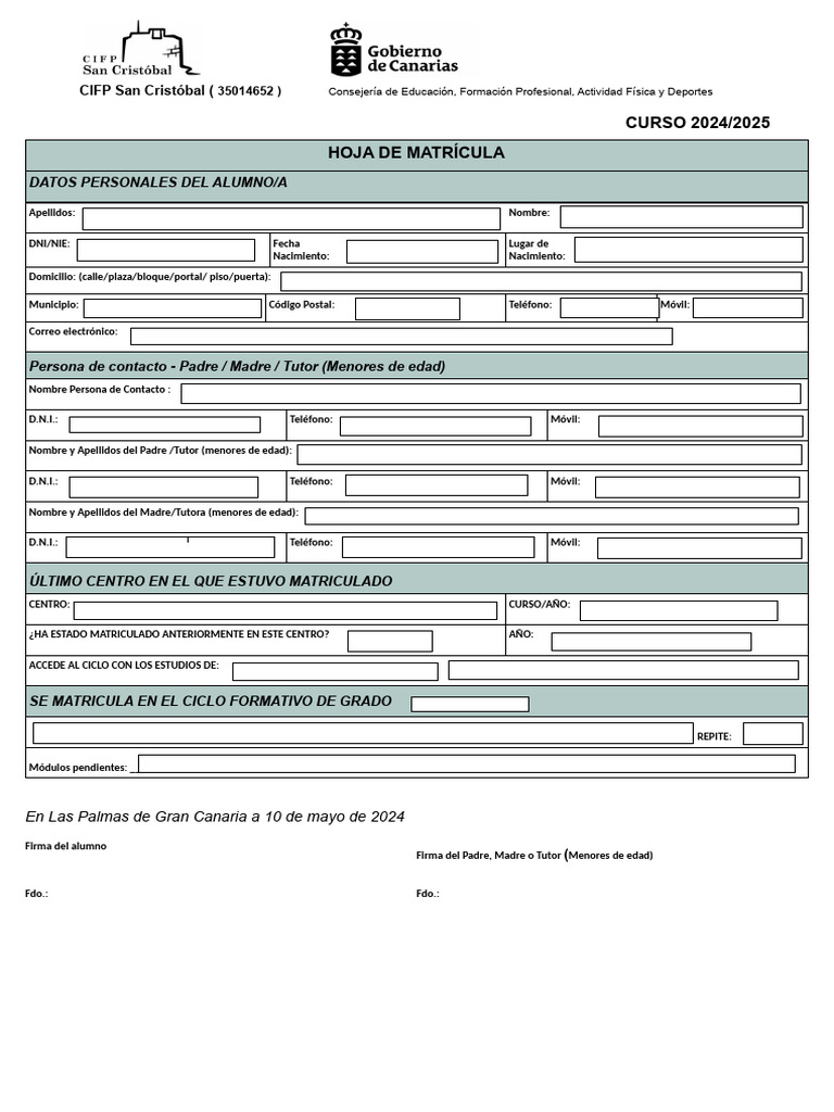 1 Impreso Matricula 2024 2025 Prueba Documento Editable Formulario Prueba 1 | PDF