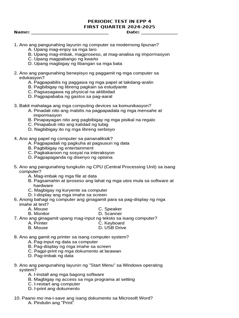 Q1 PT - Epp 4 Matatag | PDF