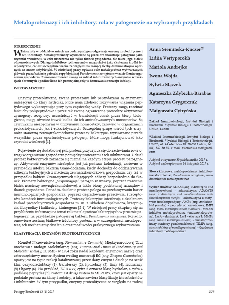 Metaloproteinazy I Ich Inhibitory, Rola W Patogenezie Na Wybranych ...