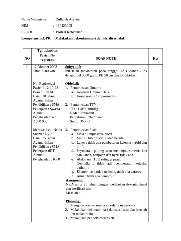 SOAP Zulhijah Apriani Melakukan Dekontaminasi Dan Sterilisasi Alat | PDF