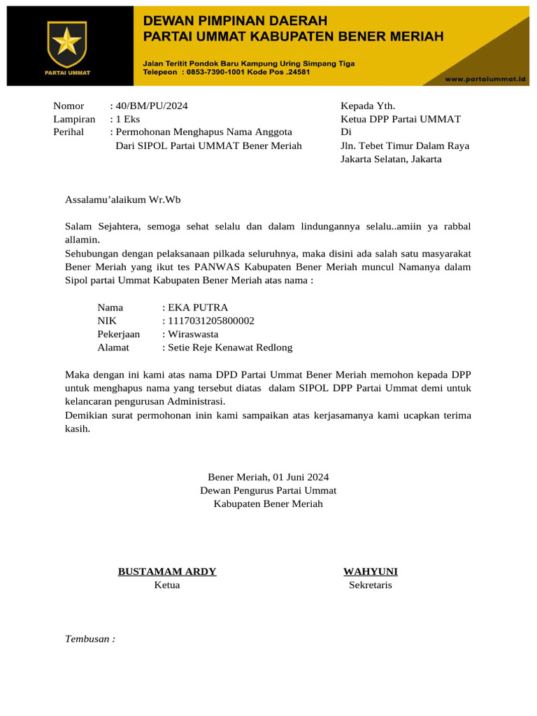 surat permohonan partai ummat | PDF