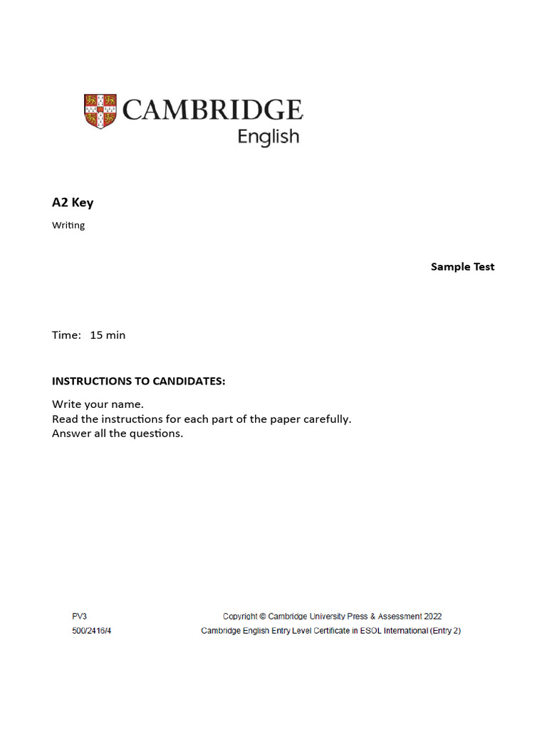 A2 Key - Writing Test - 15 Min | PDF