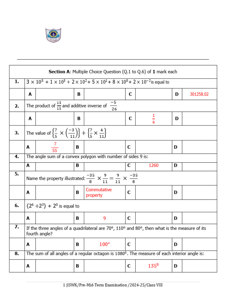 6584573-CL 08 - PMT - Math - MS - 2024-25 | PDF