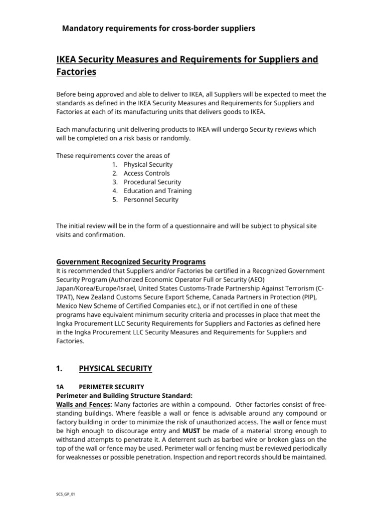 IKEA Supply Chain Security Requirements and Checklist | PDF