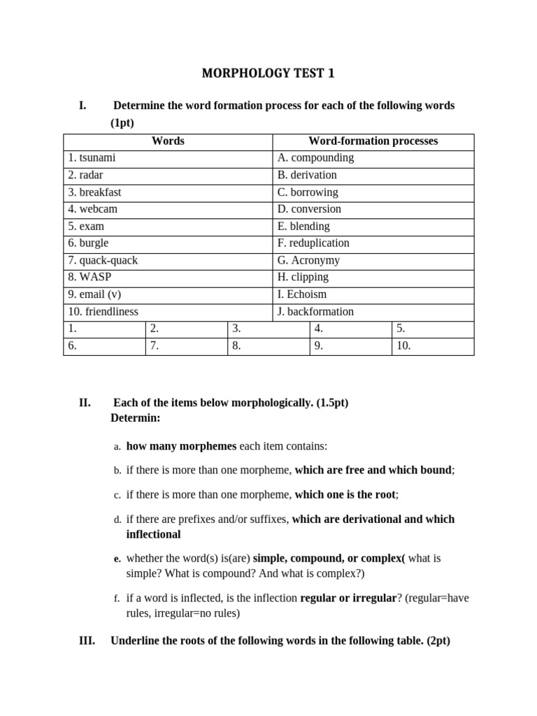 Morphology Test 1 | PDF | Morphology (Linguistics) | Word