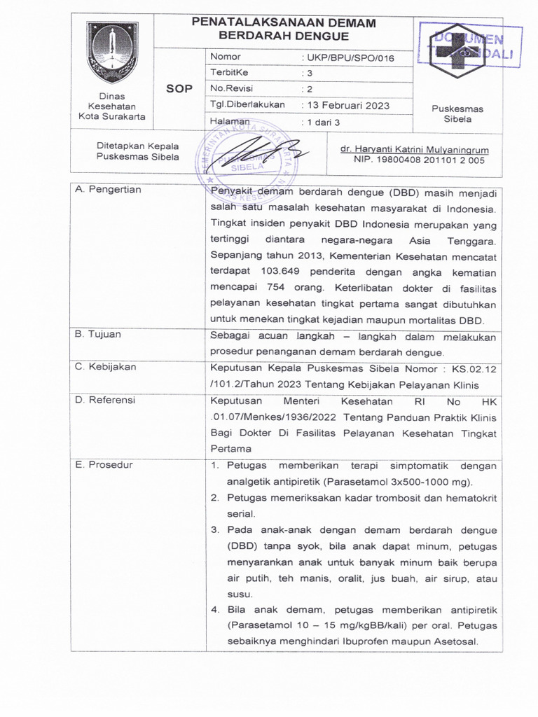 Sop Penatalaksanaan Demam Berdarah Dengue | PDF