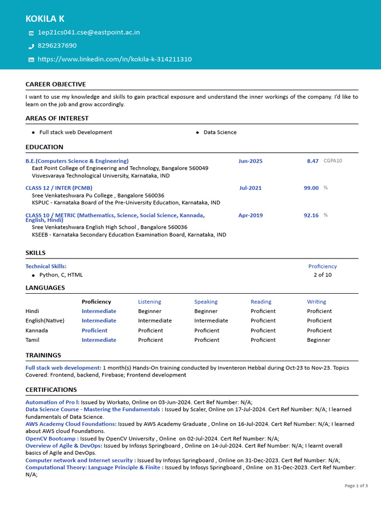 1EP21CS041 - Kokila K - Resume | PDF | Computing | Information Technology