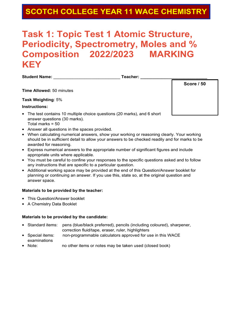 Year 11 ATAR Chemistry Test 1 Materials, Atomic Structure, Periodic ...