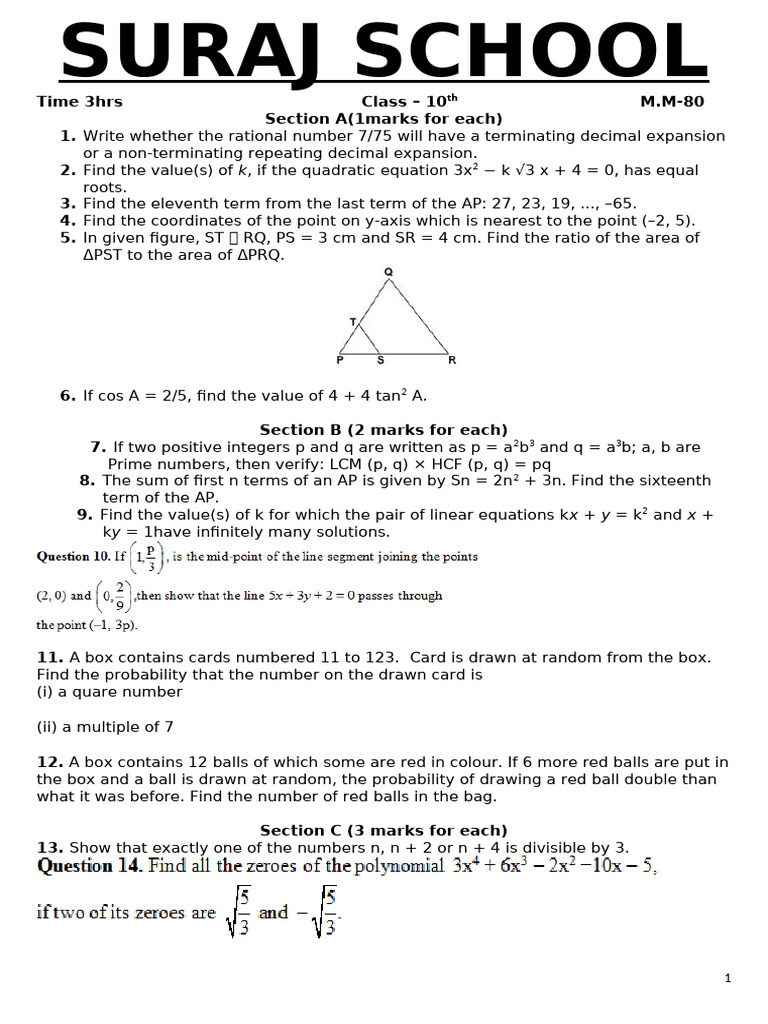 10th Maths Paper | PDF