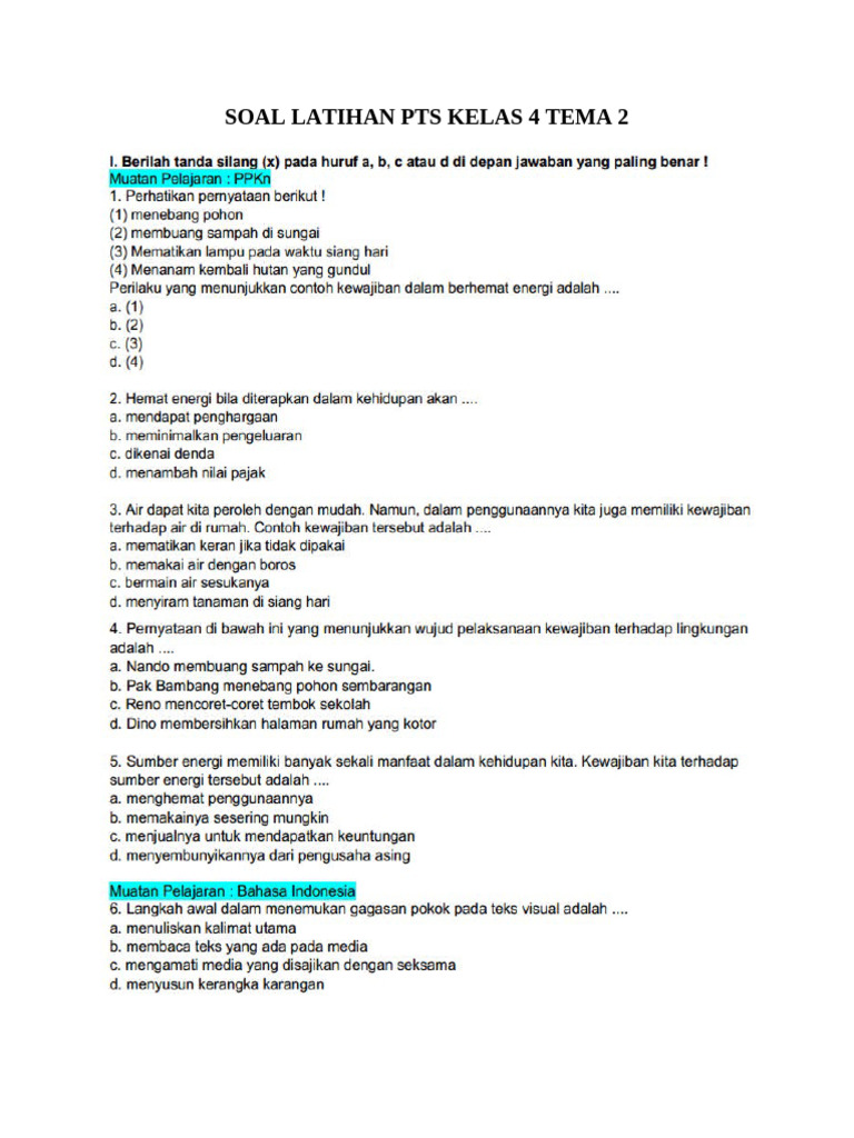 Soal Latihan PTS Kelas 4 Tema 2a | PDF