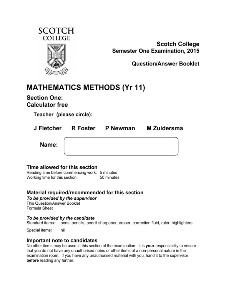 2015 Year 11 Atar Scotch Semester 1 Maths Methods Exam | PDF