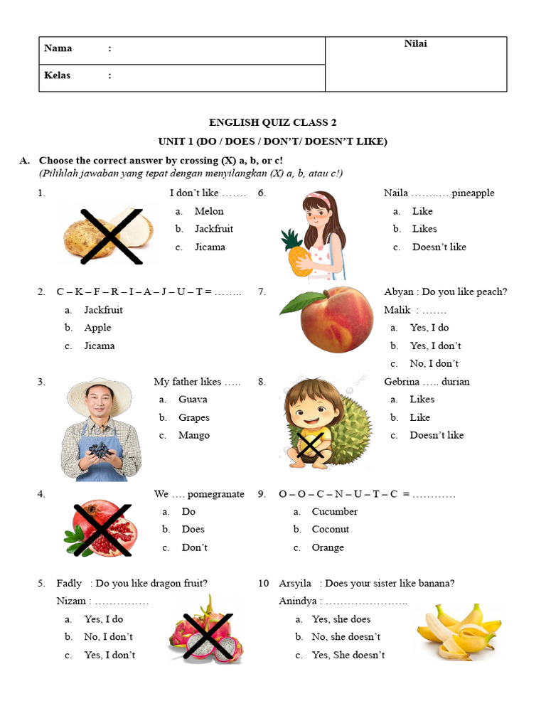 Kelas 2 - Quiz Unit 1 | PDF