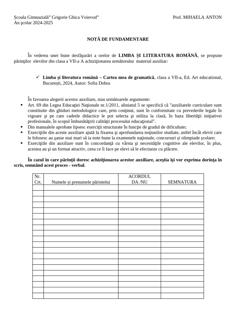 NOTA DE FUNDAMENTARE - auxiliar 8D | PDF