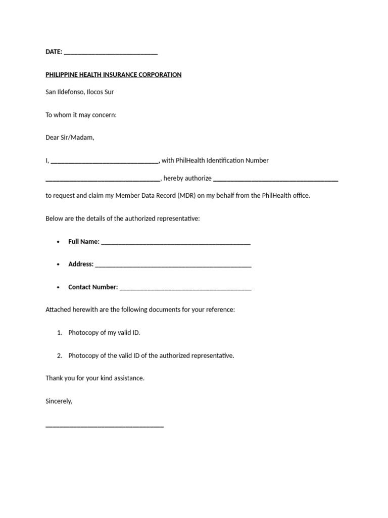 Authorization Letter For Philhealth | PDF