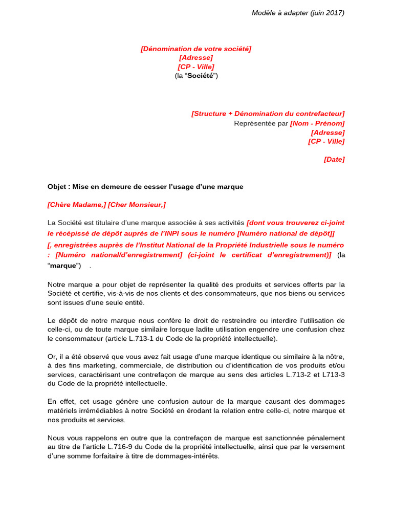 Lettre de Mise en Demeure de Cesser Lusage Dune Marque | PDF