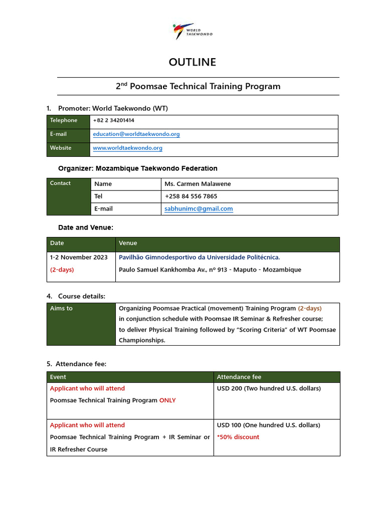 OUTLINE_POOMSAE Technical Training Program (MOZ) | PDF