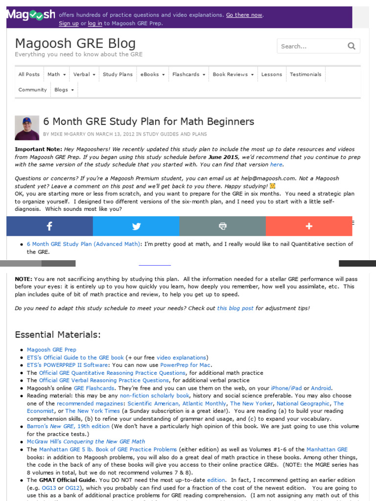 Magoosh GRE 6 Month Study Plan | PDF | Graduate Record Examinations ...