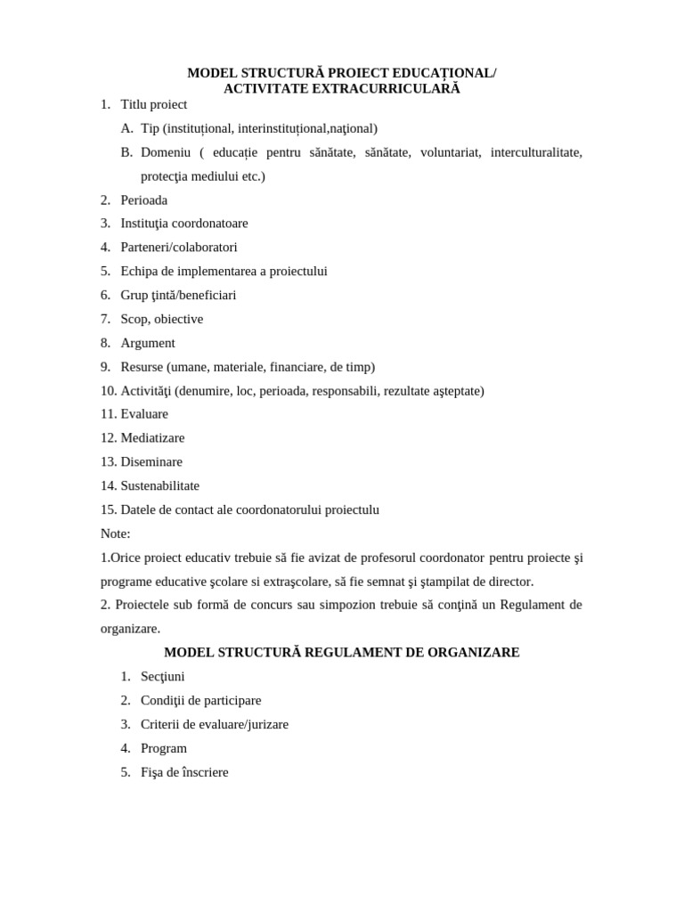 Model Structura Proiect Educațional | PDF