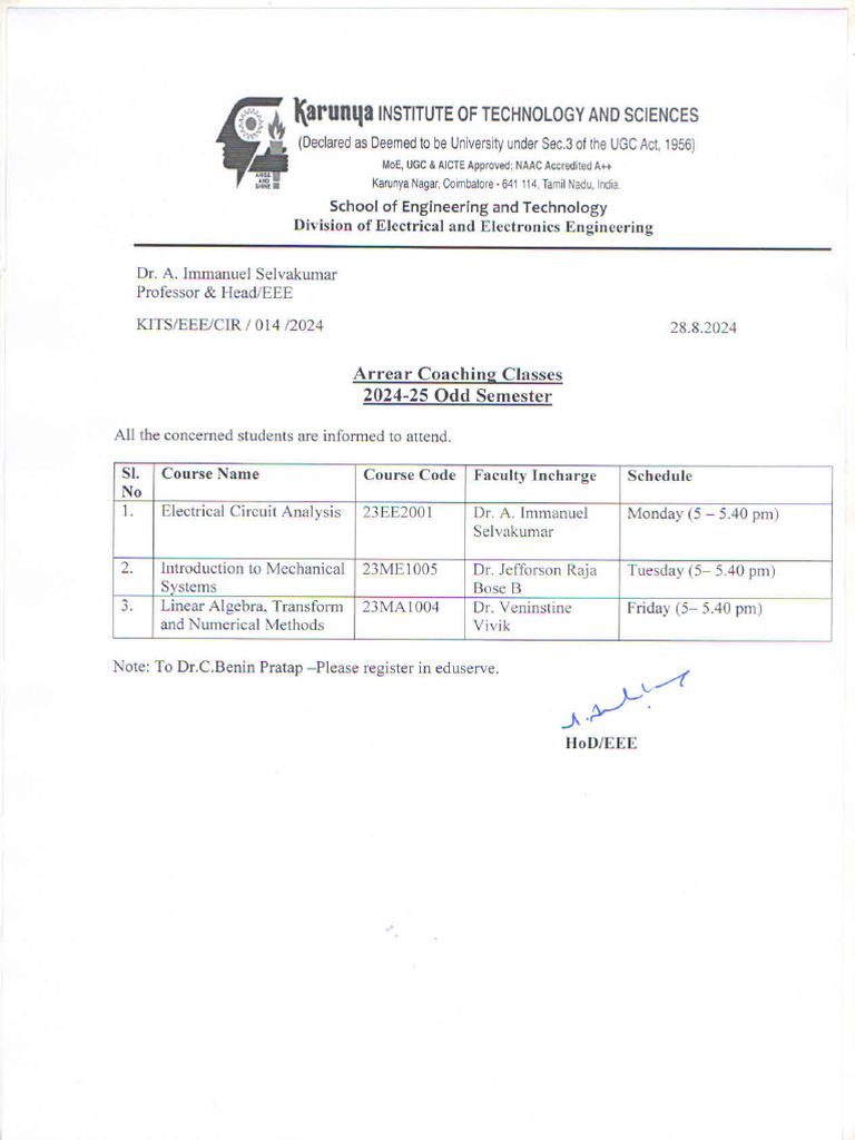 Arrear Coaching Class-Odd Sem 2024-25 (1) | PDF