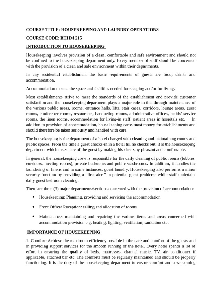 HOUSEKEEPING AND LAUNDRY OPERATION Class Notes | PDF | Housekeeping ...