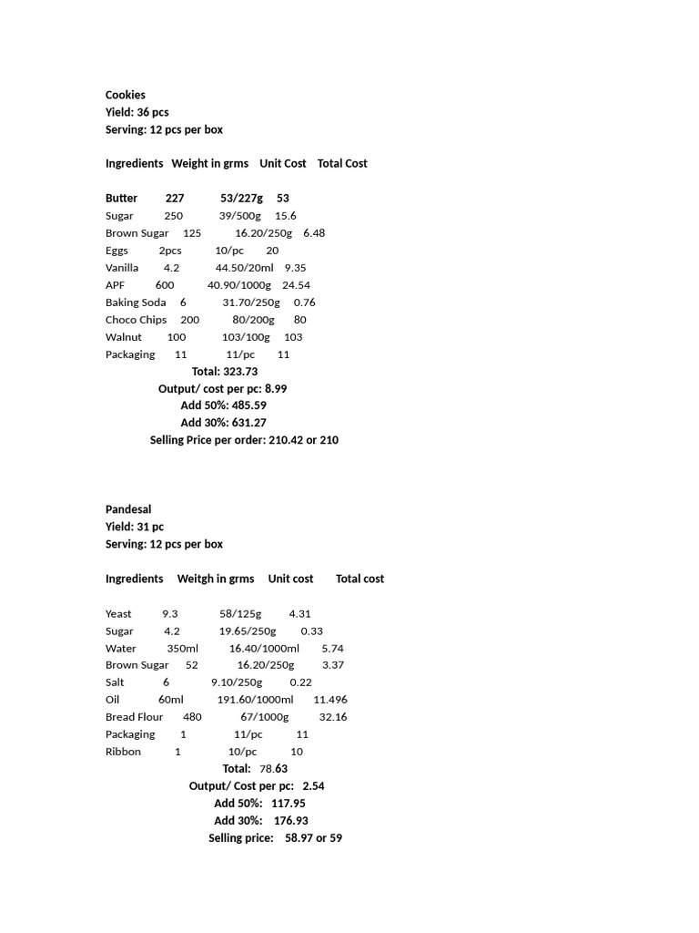 Cookies & Pandesal (Costing) | PDF | Cooking, Food & Wine
