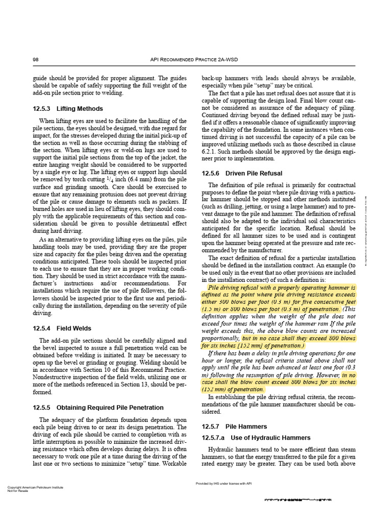 API-RP2A WSD (2007) - Section 12.5.6 Driven Pile Refusal | PDF