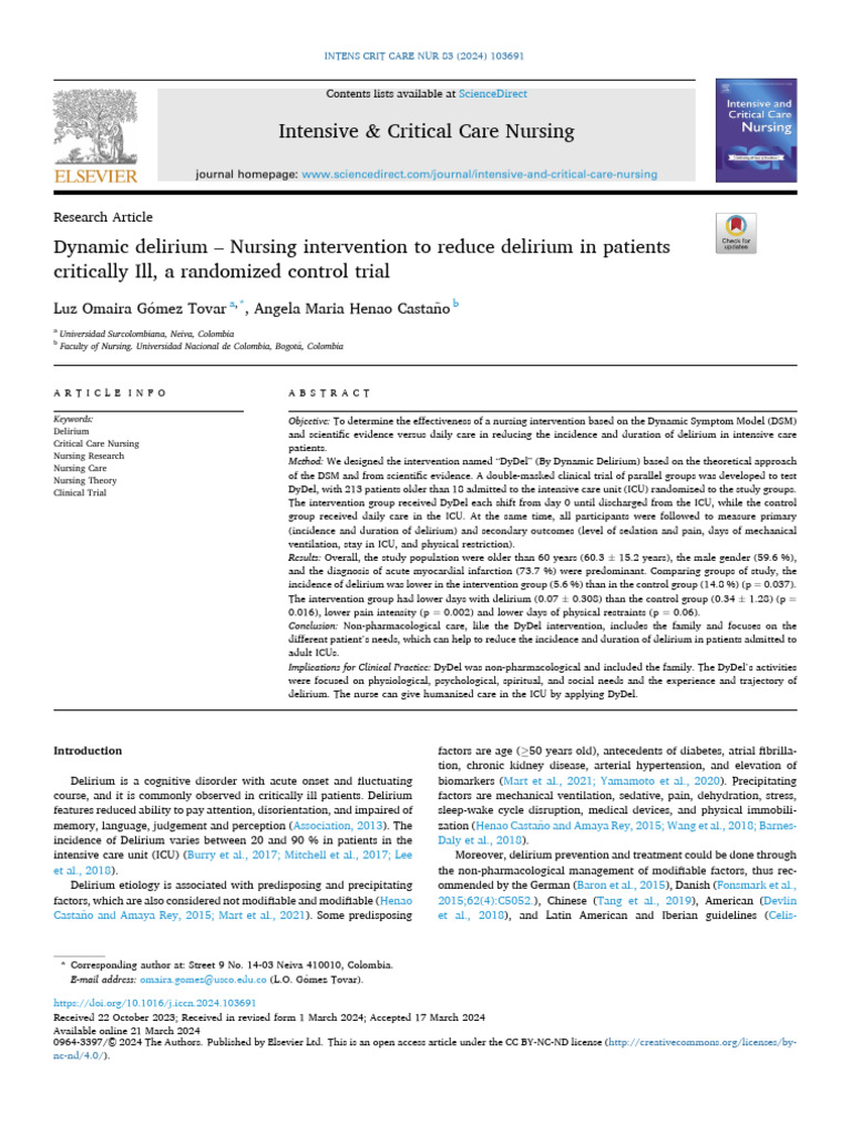 Dynamic Delirium - Nursing Intervention To Reduce Delirium in Patients ...