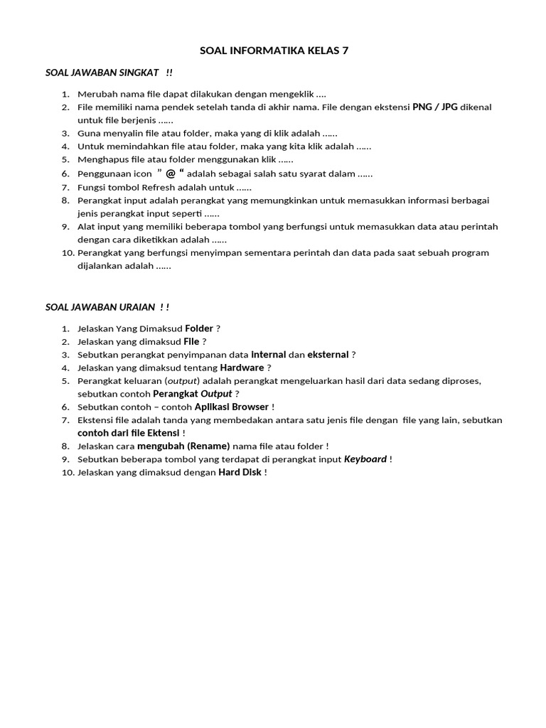 Soal Asts 2024 - Informatika - Kelas 7,8,9 Mts D | PDF