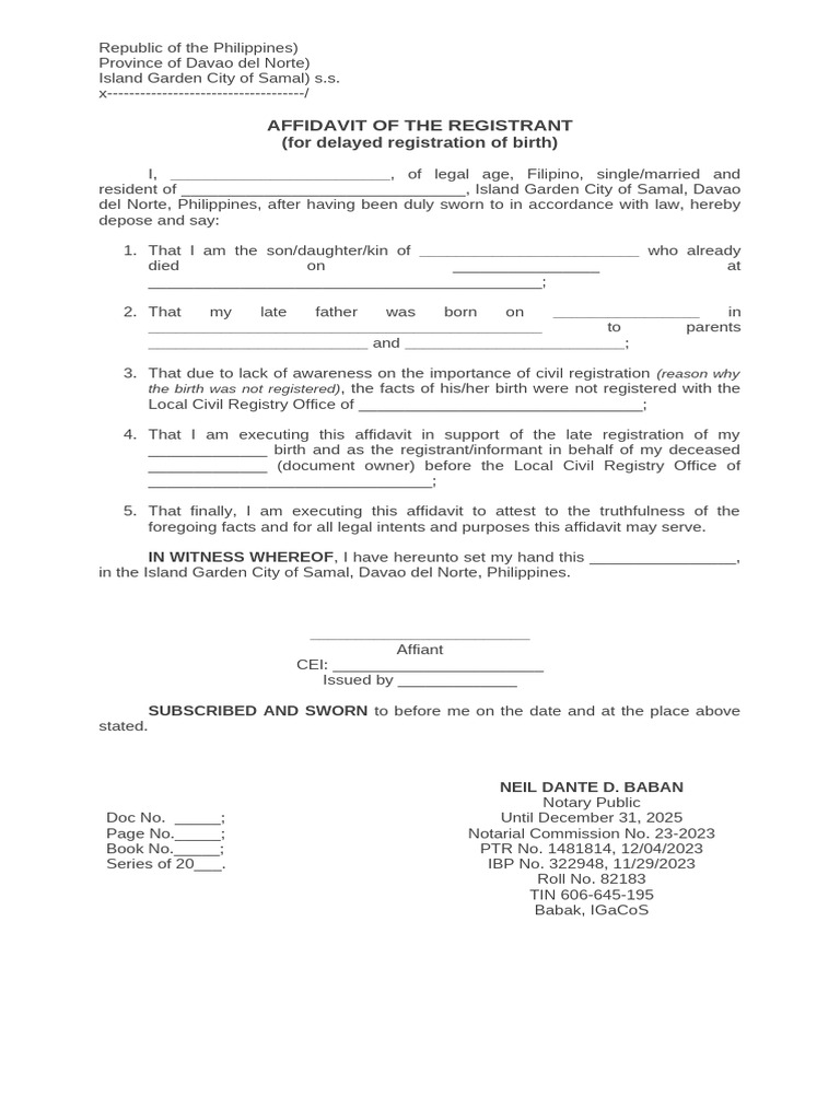 Affidavit for Delayed Birth Registration | PDF | Affidavit | Legal Documents