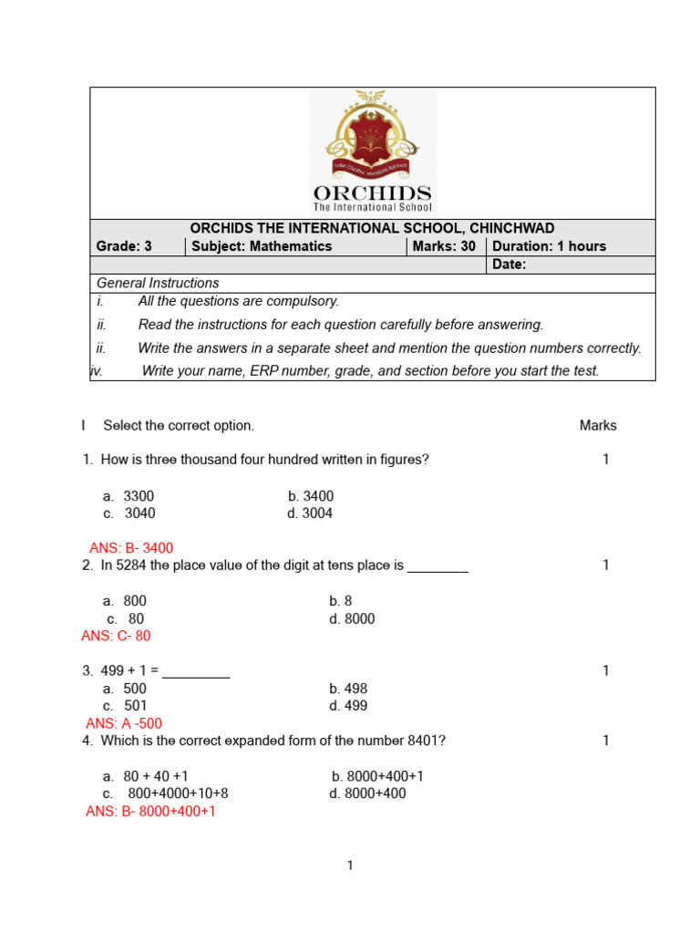 PRACTICE SHEET answer sheet MATHS GRADE 3 (2) | PDF