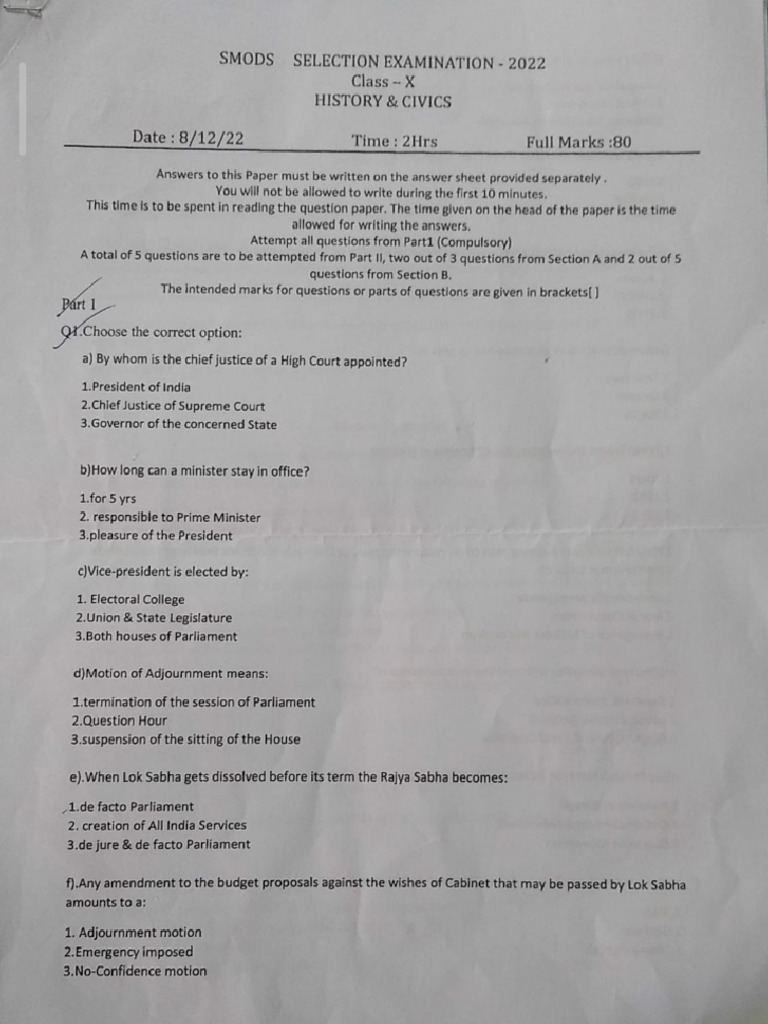 SMODS Hist. Question Papers | PDF