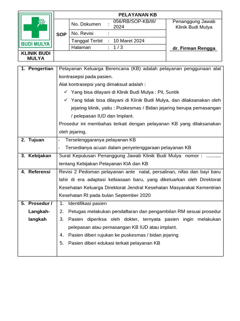 SOP PELAYANAN KB Oke | PDF