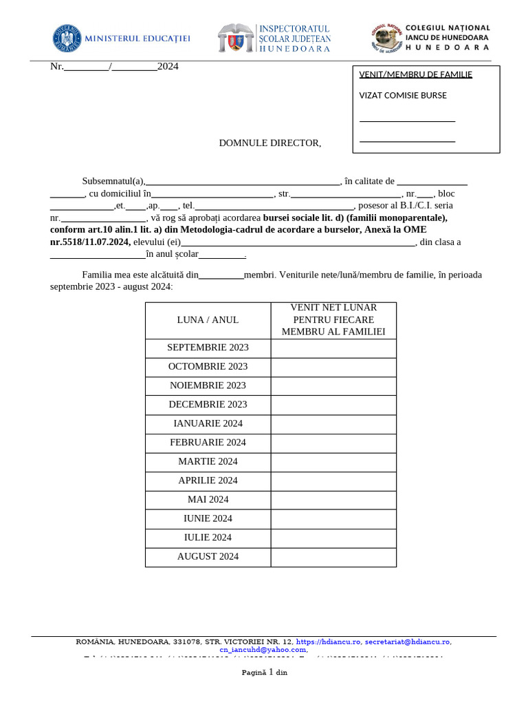 Cerere Bursa Sociala - Monoparental - IHD | PDF